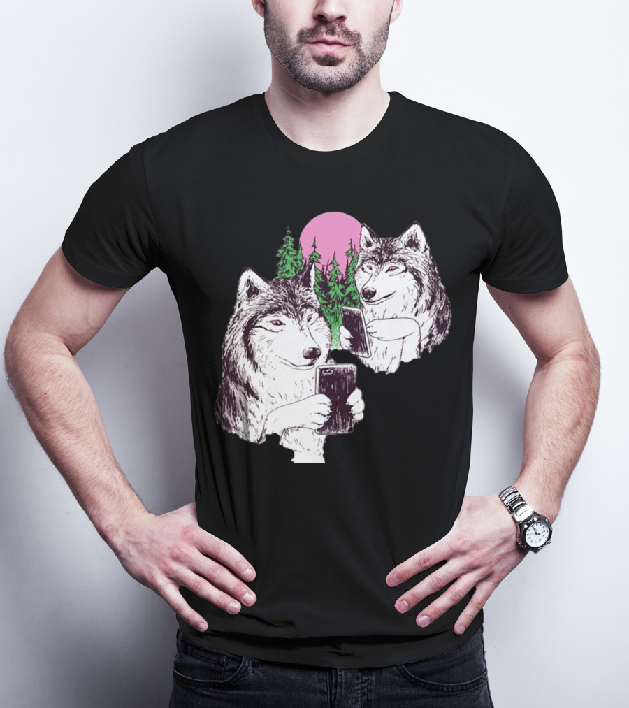 There Are Two Wolves Inside You Both On Smartphones Against A Pink Moon And Pine Trees T-Shirt