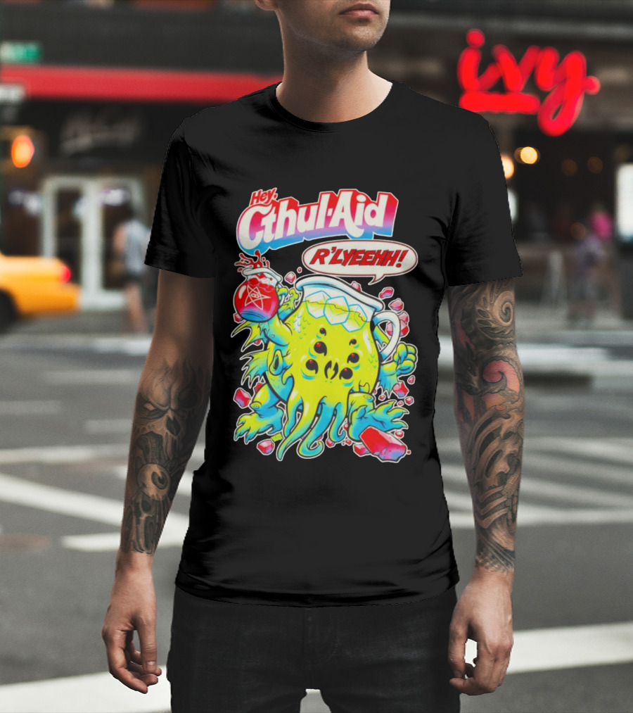 Hey Cthul-Aid R'lyeehh Monster Holding Pentagram Drink With Tentacles T-Shirt