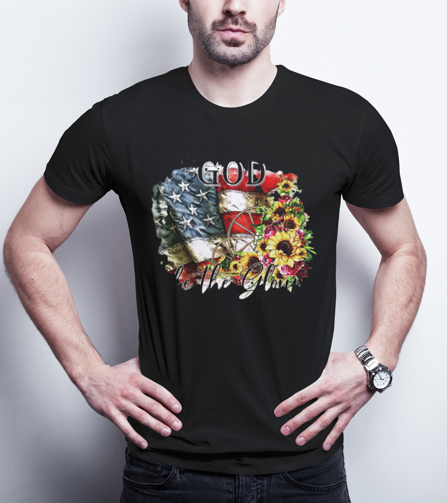 Patriotic American Flag And Sunflower Design With To God Be The Glory Text T-Shirt