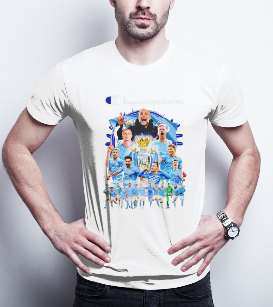 Manchester City Champion Team Celebration With Trophy And Players T-Shirt