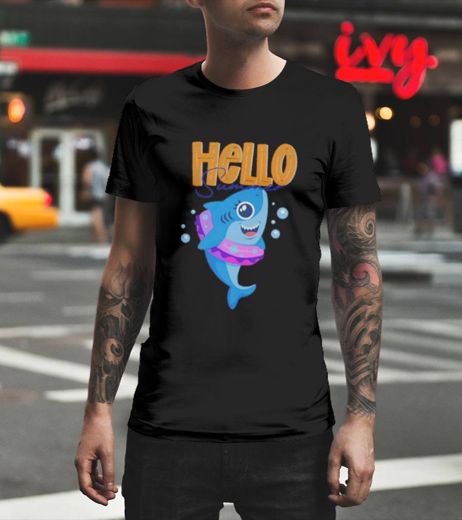 Hello Summer Shark With Swim Ring And Bubbles T-Shirt