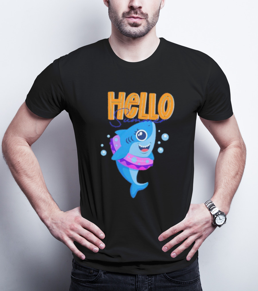 Hello Summer Shark With Swim Ring And Bubbles T-Shirt