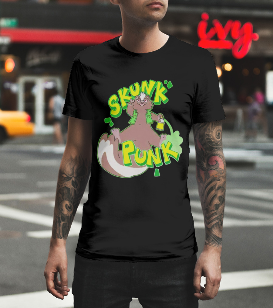 SKUNK PUNK Green Vest Peace Sign Paint Can T-Shirt