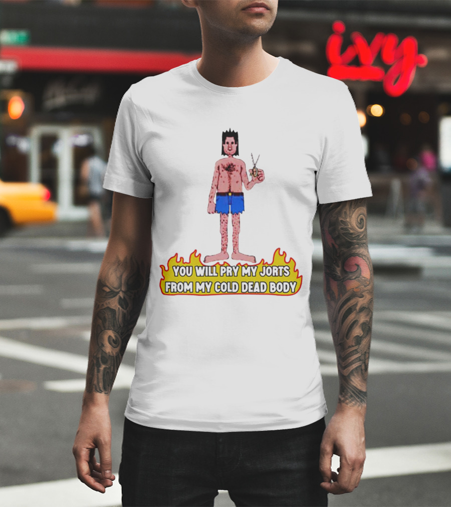 You Will Pry My Jorts From My Cold Dead Body Cartoon Character Holding Scissors In Flames T-Shirt