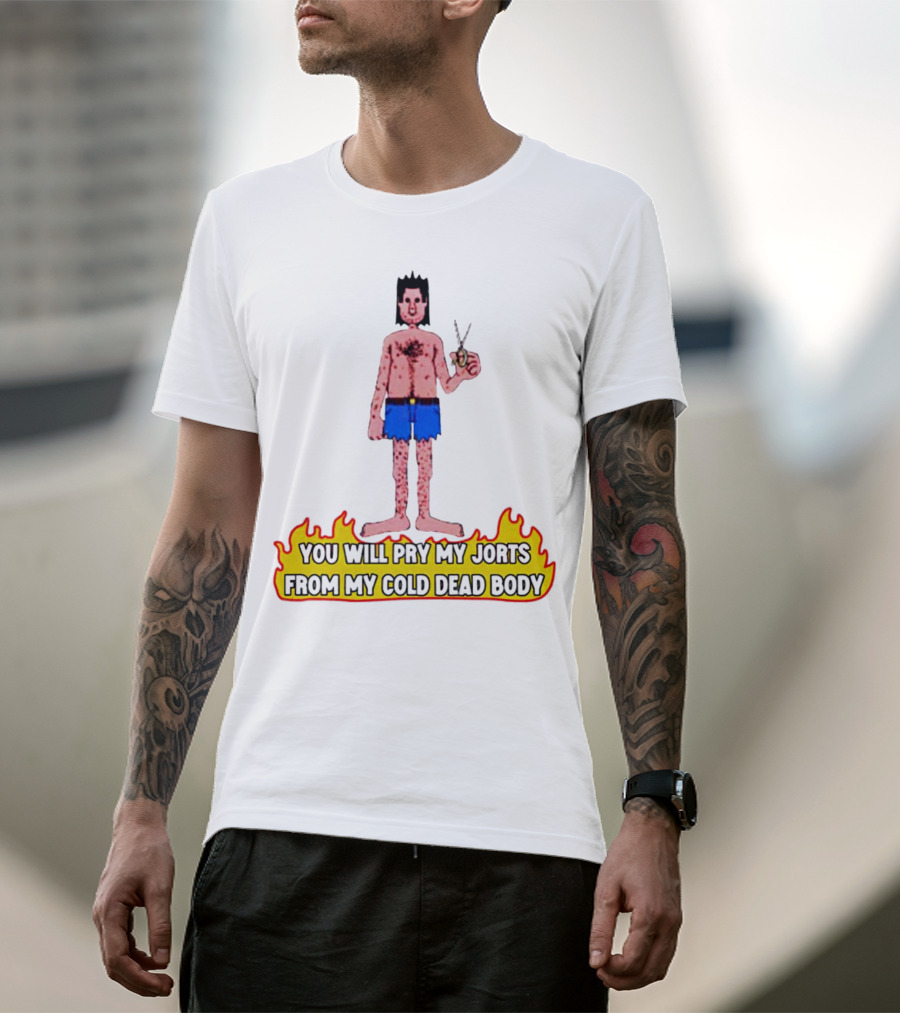 You Will Pry My Jorts From My Cold Dead Body Cartoon Character Holding Scissors In Flames T-Shirt