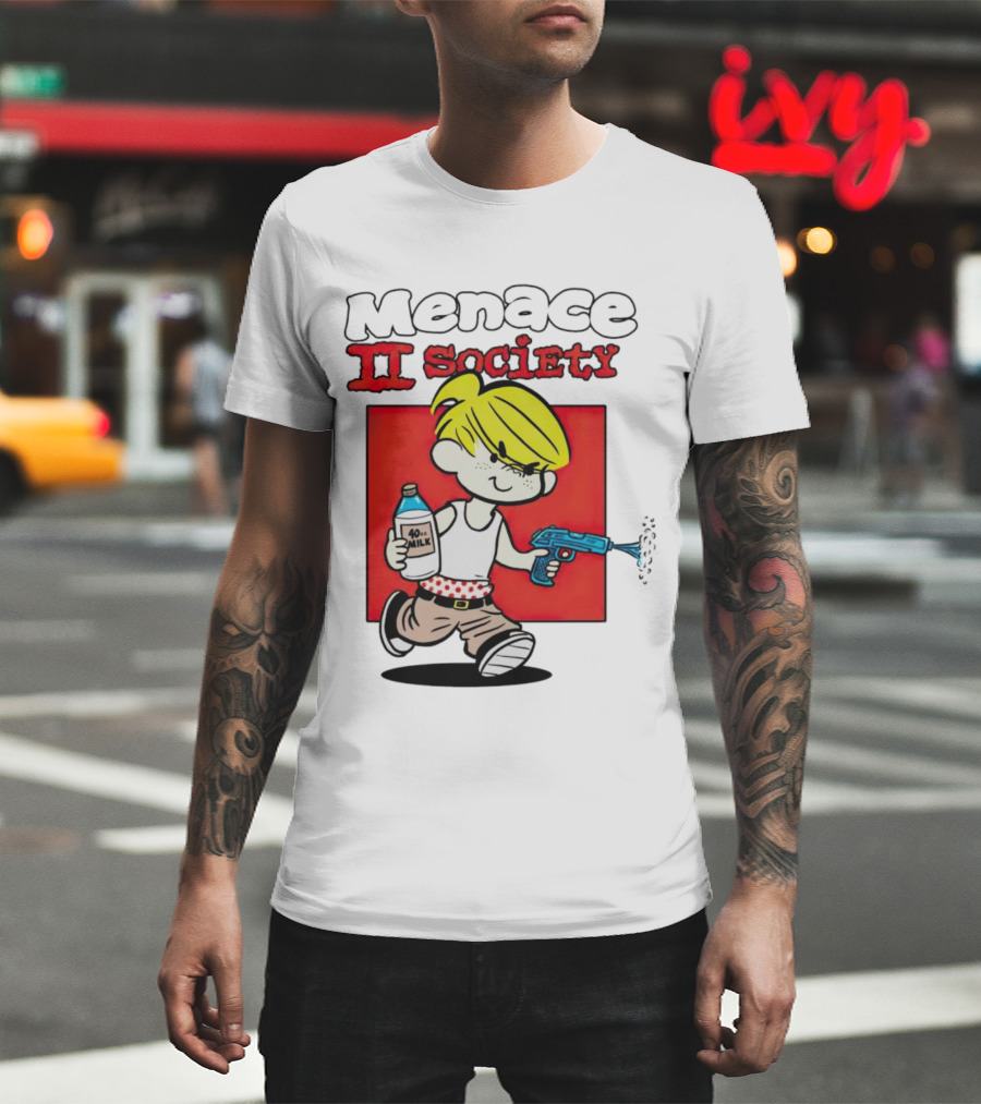 Menace II Society Cartoon Character With Squirt Gun And Milk T-Shirt