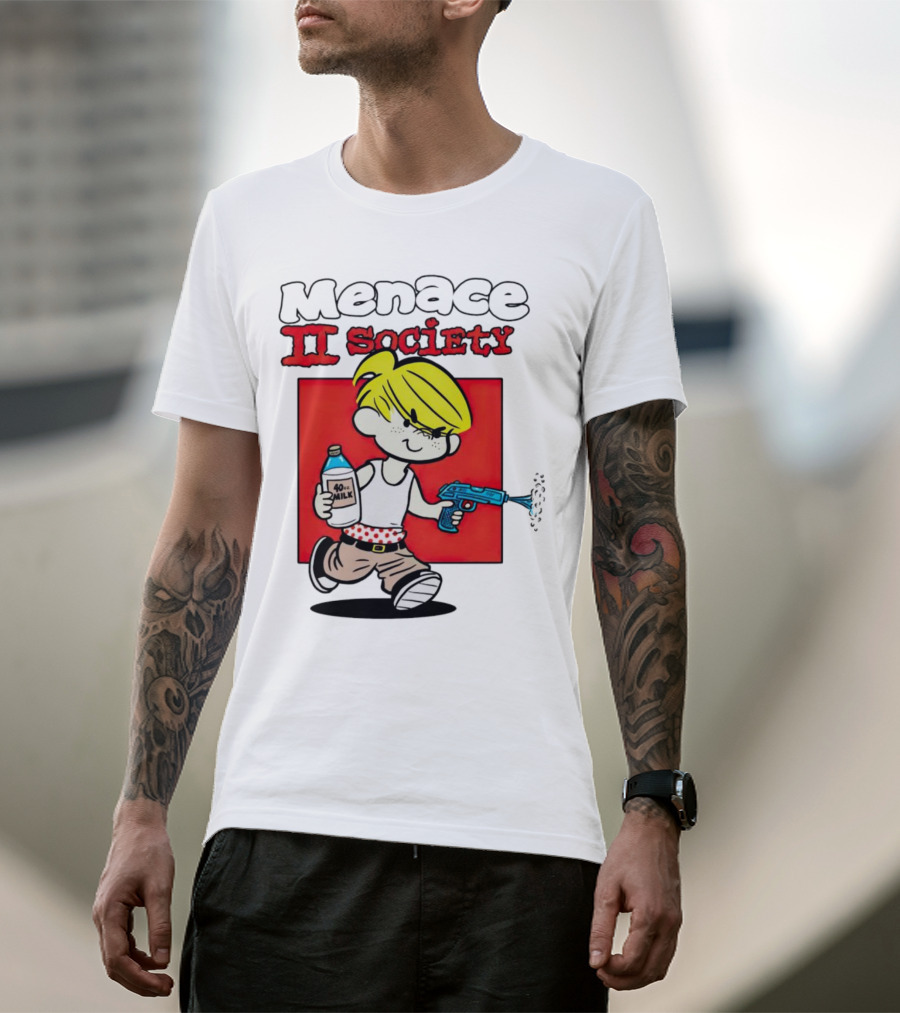 Menace II Society Cartoon Character With Squirt Gun And Milk T-Shirt