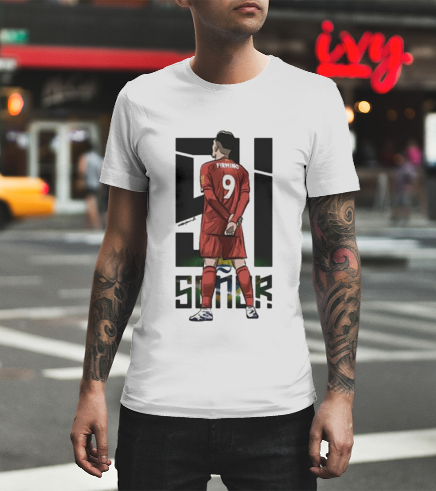 Roberto Firmino Si Señor 9 Football Player In Red Kit With Brazil Flag Background T-Shirt