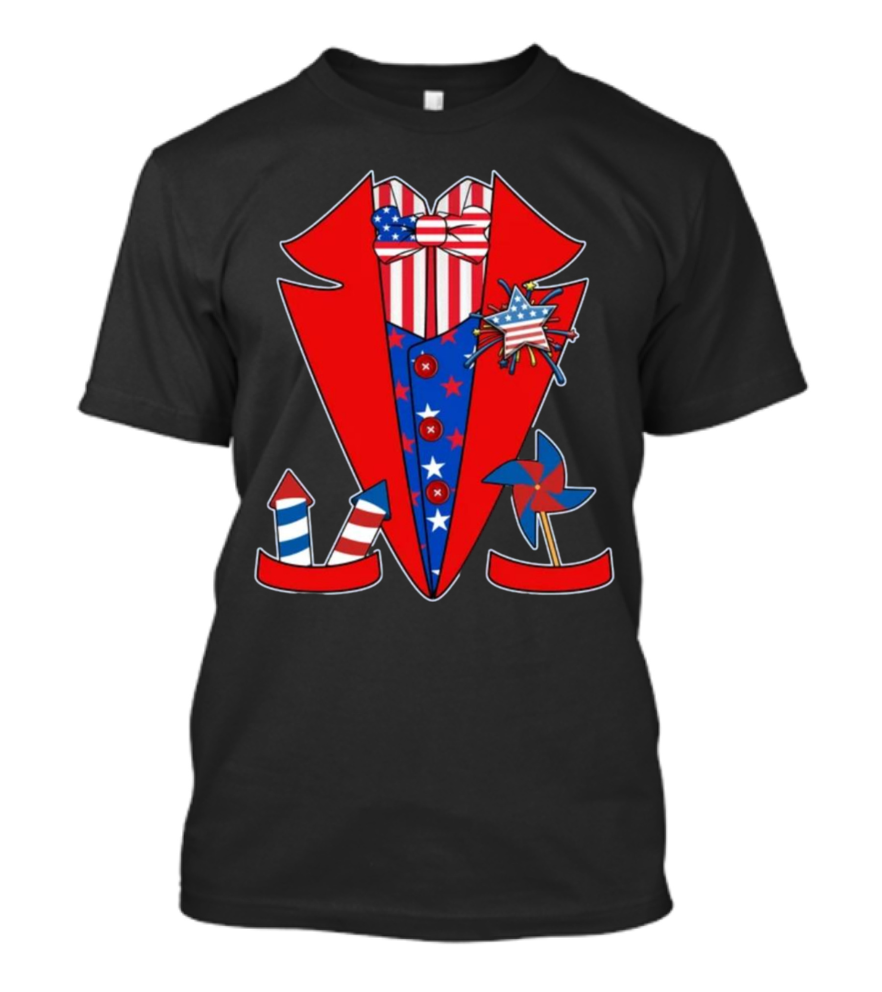Patriotic Stars And Stripes Tuxedo With Fireworks And Pinwheel T-Shirt
