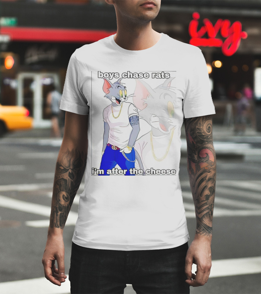Boys Chase Rats, I'm After The Cheese Cartoon Cat With Gold Chain And Watch T-Shirt