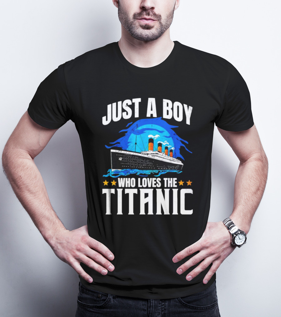 Just A Boy Who Loves The Titanic Ship With Blue Ocean And Stars T-Shirt