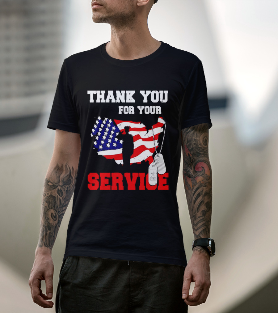 Thank You For Your Service American Flag Silhouette With Dog Tags T-Shirt