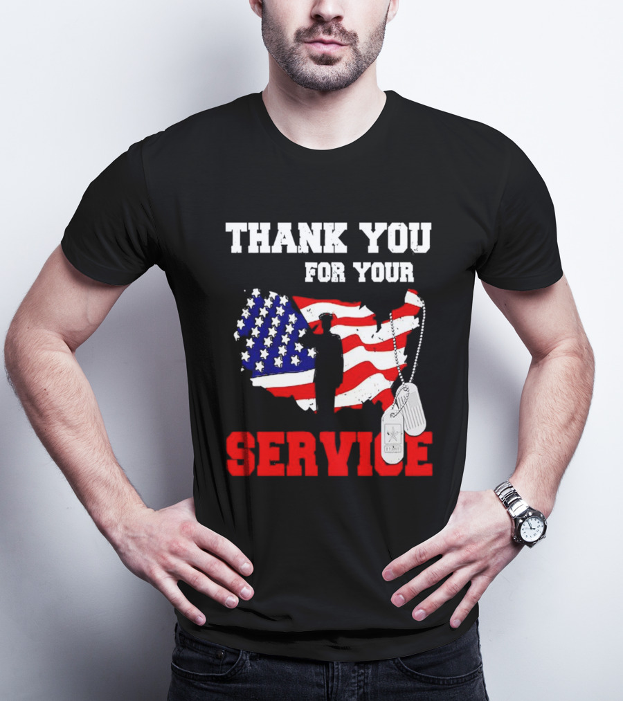 Thank You For Your Service American Flag Silhouette With Dog Tags T-Shirt