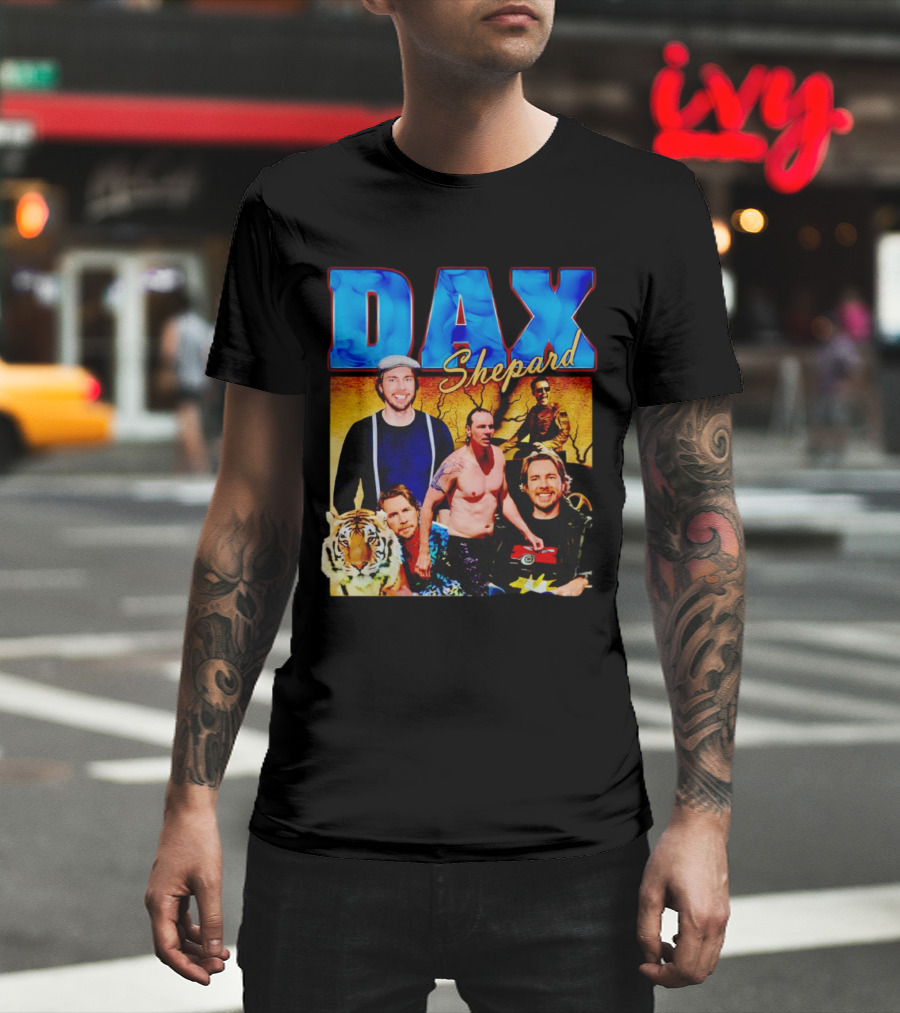 Dax Shepard Vintage Collage With Blue Text And Tiger T-Shirt