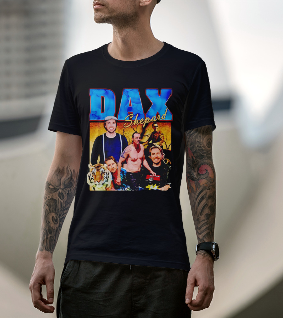 Dax Shepard Vintage Collage With Blue Text And Tiger T-Shirt