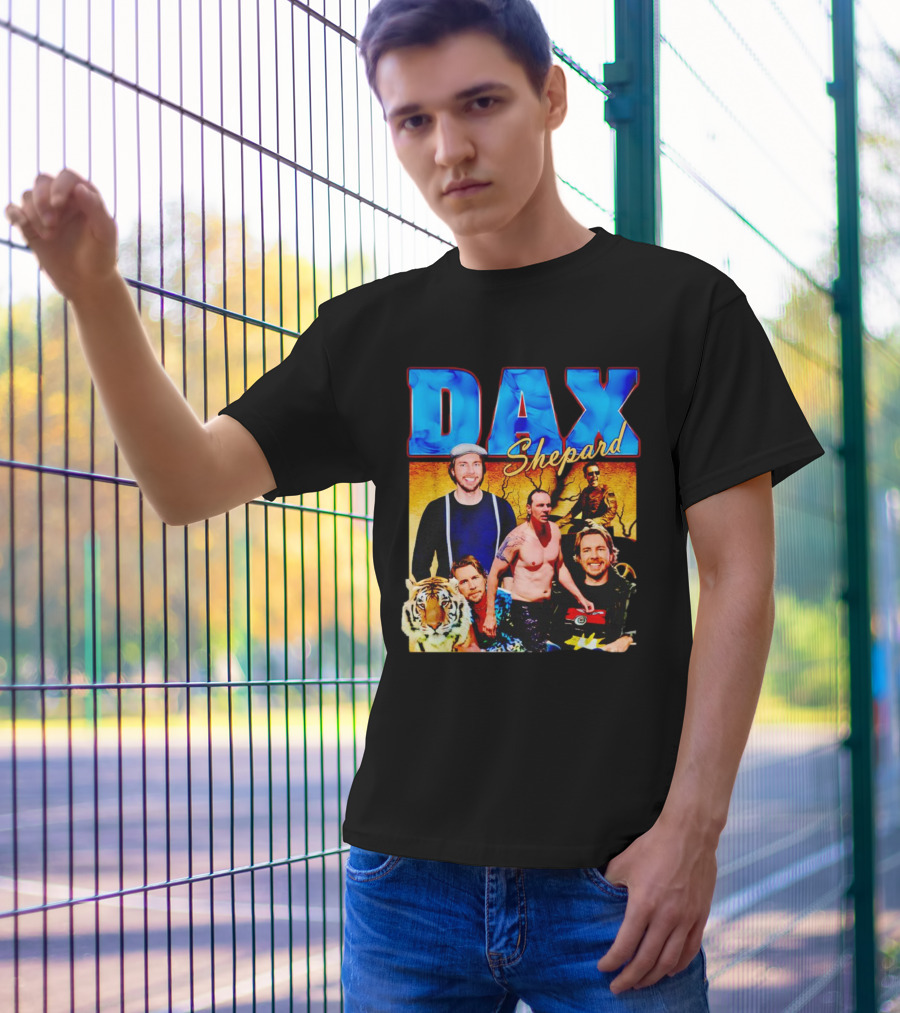 Dax Shepard Vintage Collage With Blue Text And Tiger T-Shirt
