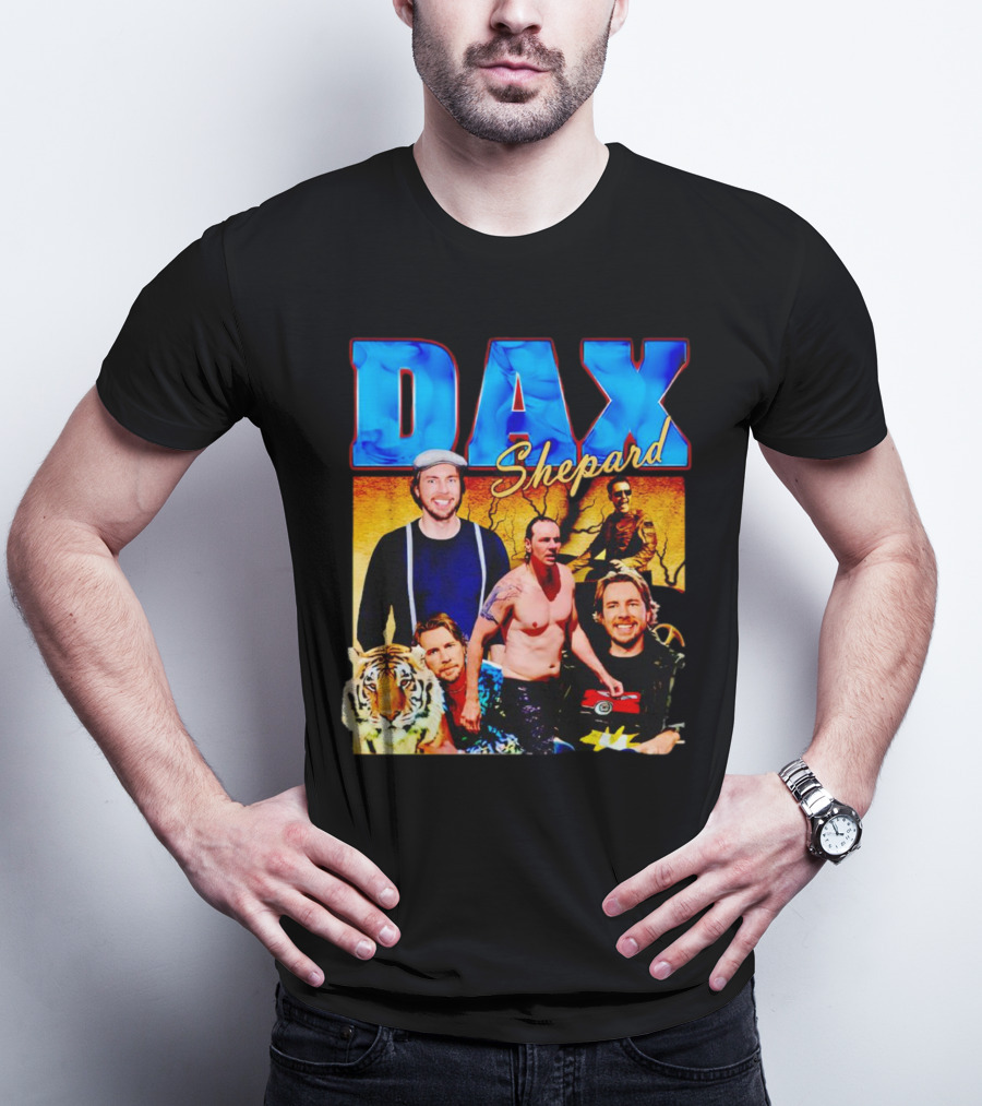 Dax Shepard Vintage Collage With Blue Text And Tiger T-Shirt