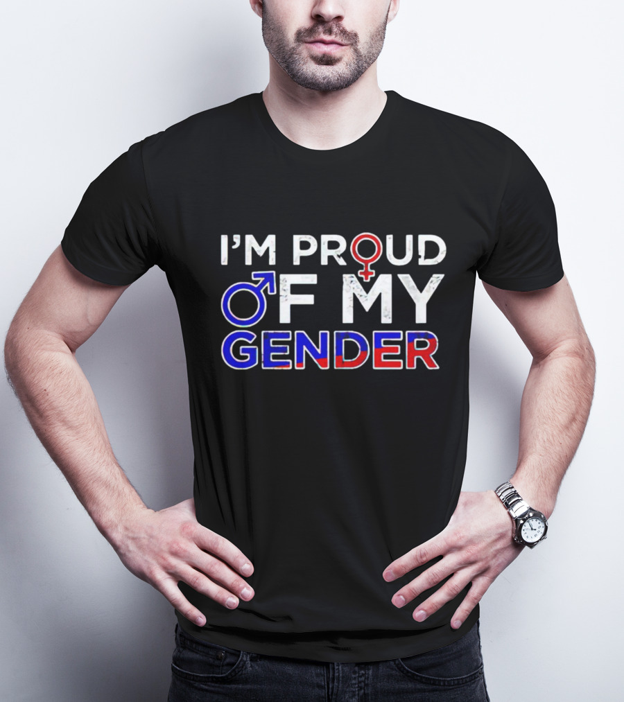 I’m Proud Of My Gender With Male And Female Symbols In Red, White, And Blue T-Shirt
