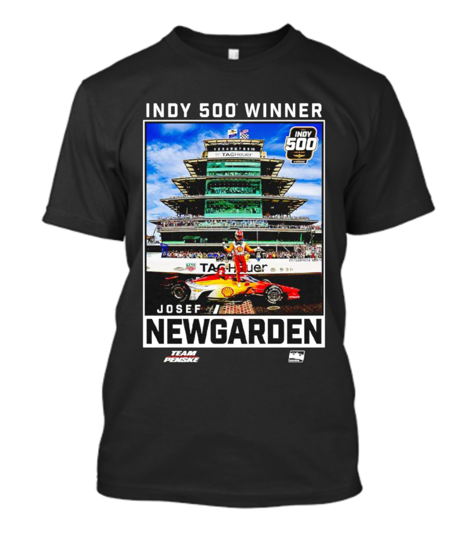 Indy 500 Winner Josef Newgarden Team Penske TAG Heuer Race Car And Pagoda Background T-Shirt