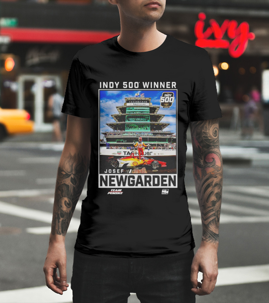 Indy 500 Winner Josef Newgarden Team Penske TAG Heuer Race Car And Pagoda Background T-Shirt