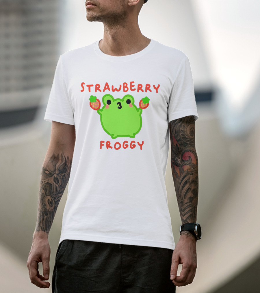 STRAWBERRY FROGGY Green Frog Holding Strawberries T-Shirt