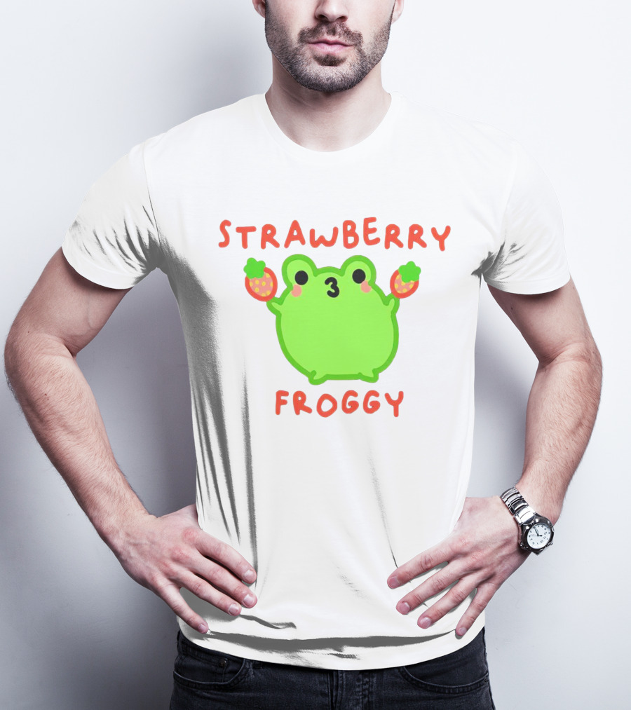 STRAWBERRY FROGGY Green Frog Holding Strawberries T-Shirt