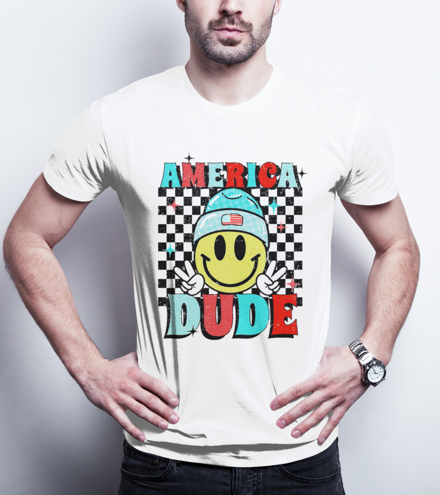 America Dude Smiley Face With Beanie And Peace Signs T-Shirt