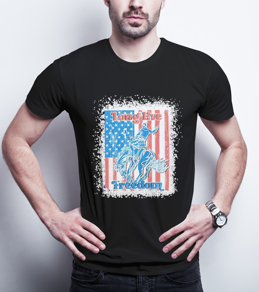 Long Live Freedom America Flag Cowboy And Horse T-Shirt