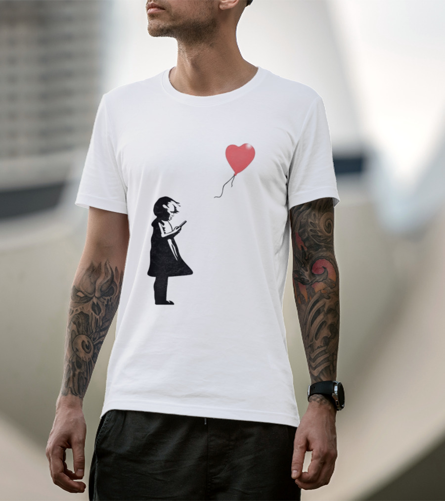 Girl With Phone Heart Balloon Black Dark Shadow T-Shirt