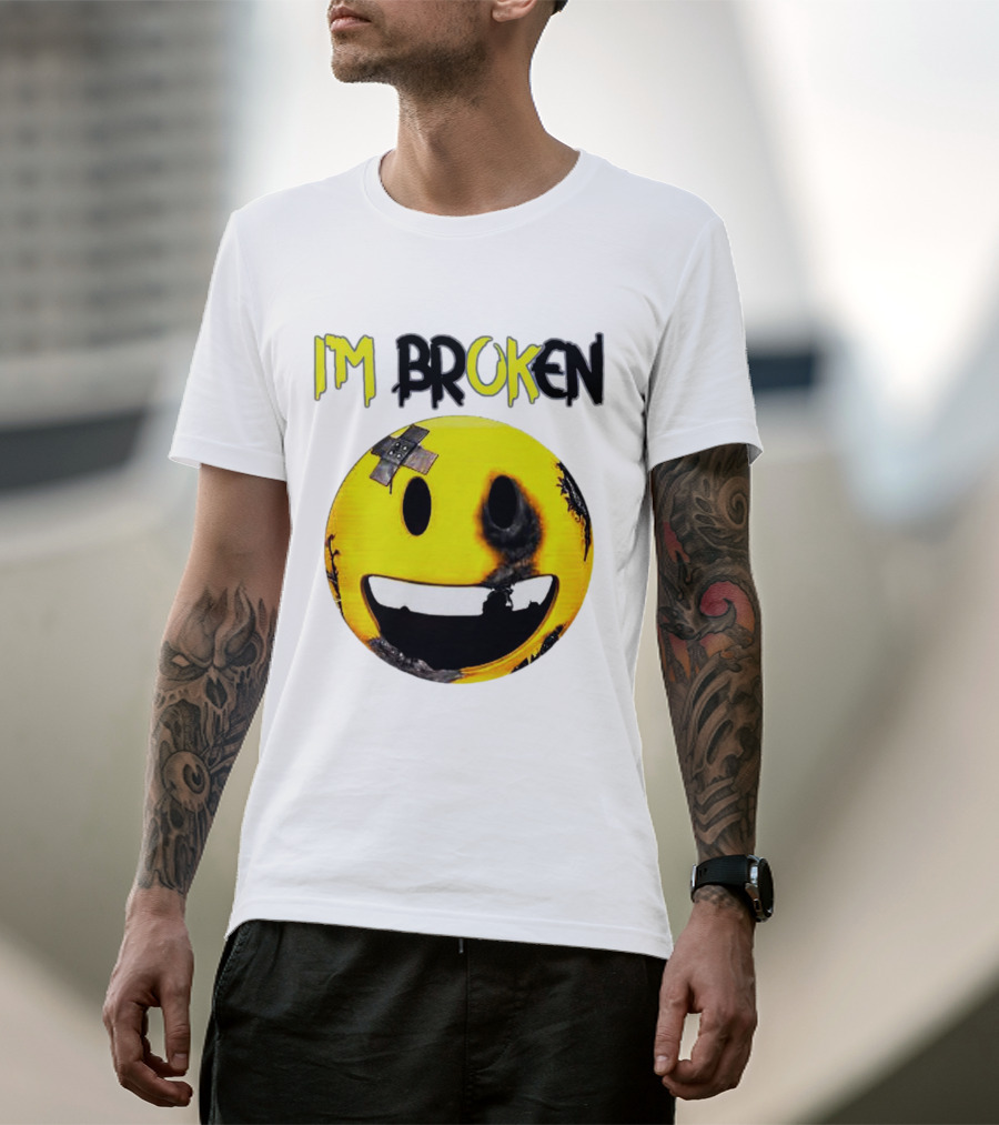 I'M BROKEN Smiley Burned And Patched Emo Smiley Face T-Shirt