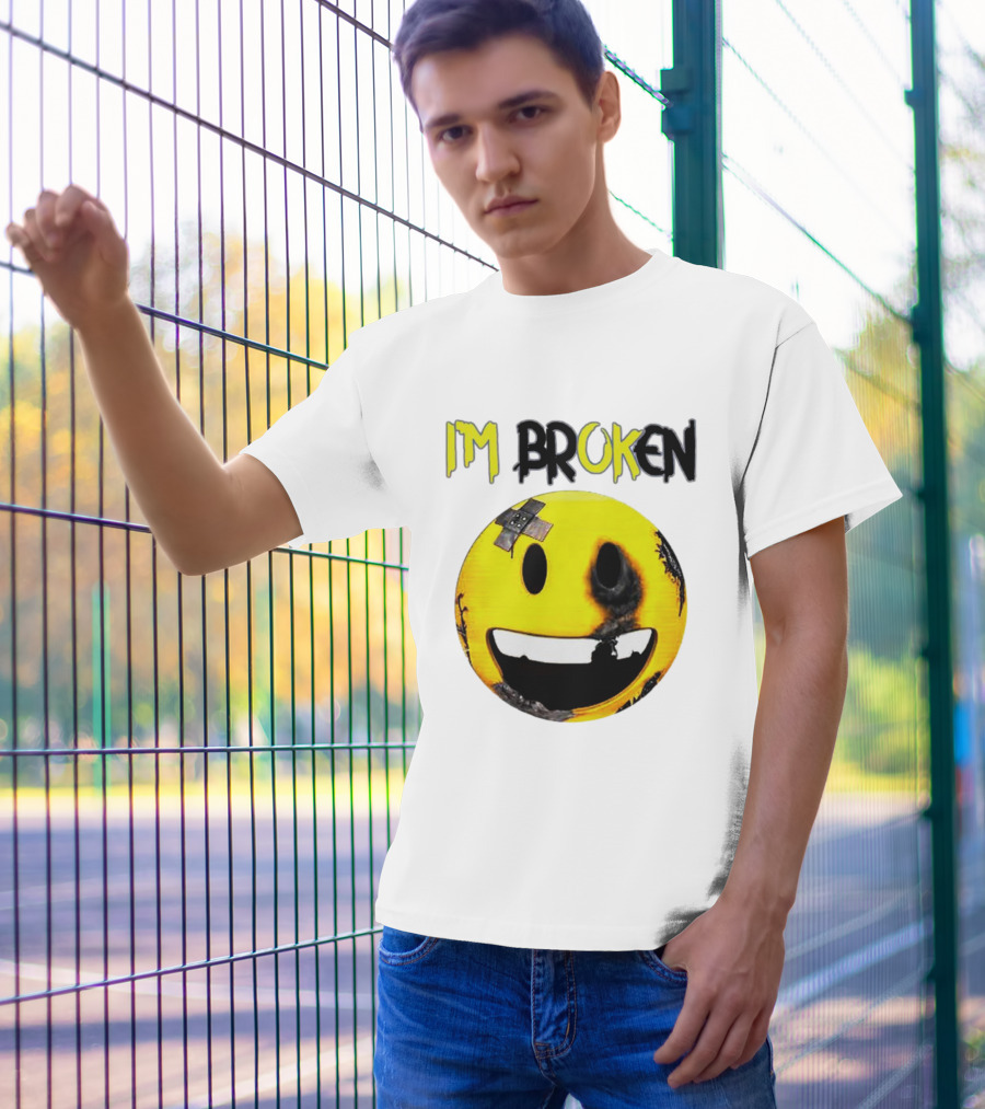 I'M BROKEN Smiley Burned And Patched Emo Smiley Face T-Shirt