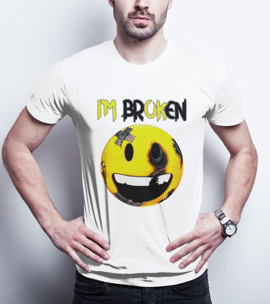 I'M BROKEN Smiley Burned And Patched Emo Smiley Face T-Shirt