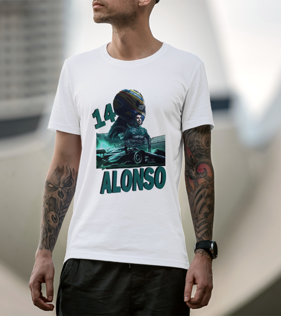 14 Alonso Aramco Racing Helmet And Car T-Shirt