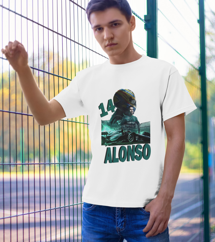 14 Alonso Aramco Racing Helmet And Car T-Shirt