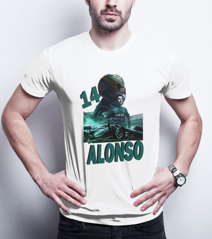 14 Alonso Aramco Racing Helmet And Car T-Shirt