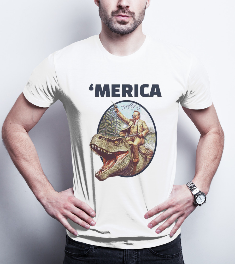 Theodore Roosevelt Riding Dinosaur ‘Merica Patriotic Adventure Scene T-Shirt