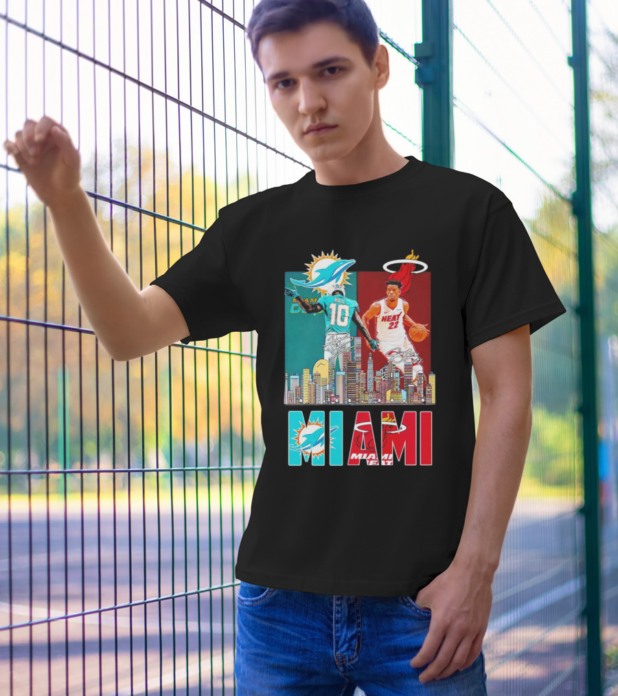 Miami Dolphins Tyreek Hill Miami Heat Jimmy Butler Signatures Skyline Featuring Dolphins And Heat T-Shirt