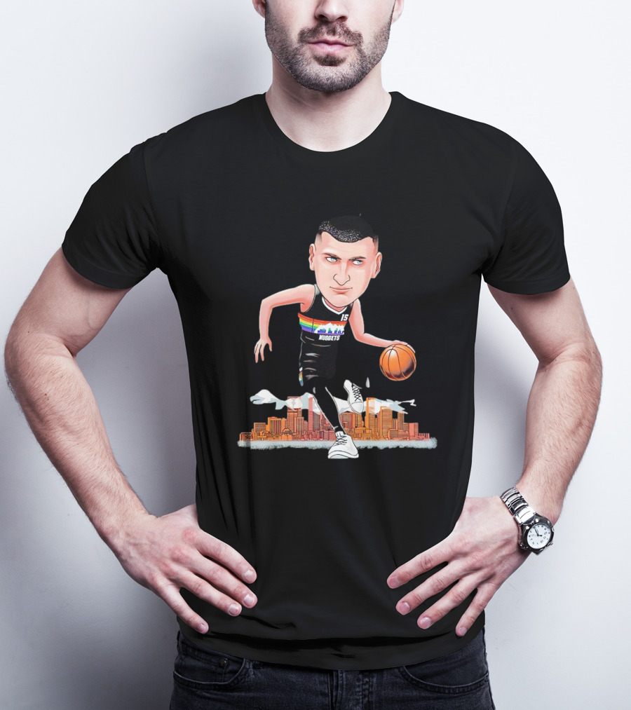 Nikola Jokic Denver Nuggets Cartoon Dribbling Basketball Colorado Skyline T-Shirt