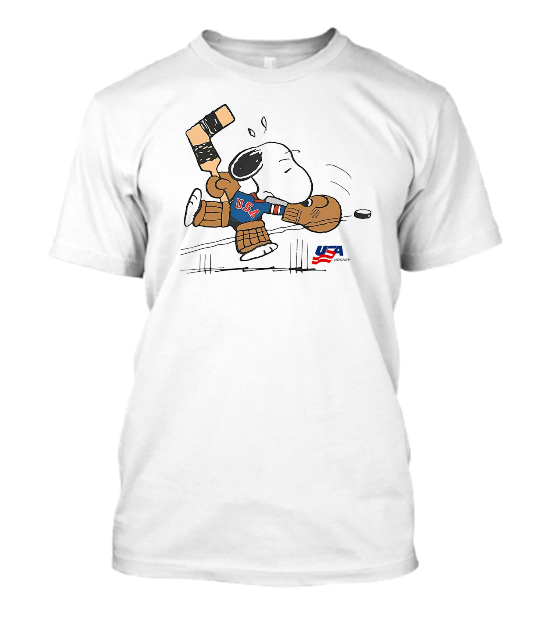 Peanuts Snoopy USA Hockey Goalie With Bat And USA Puck T-Shirt