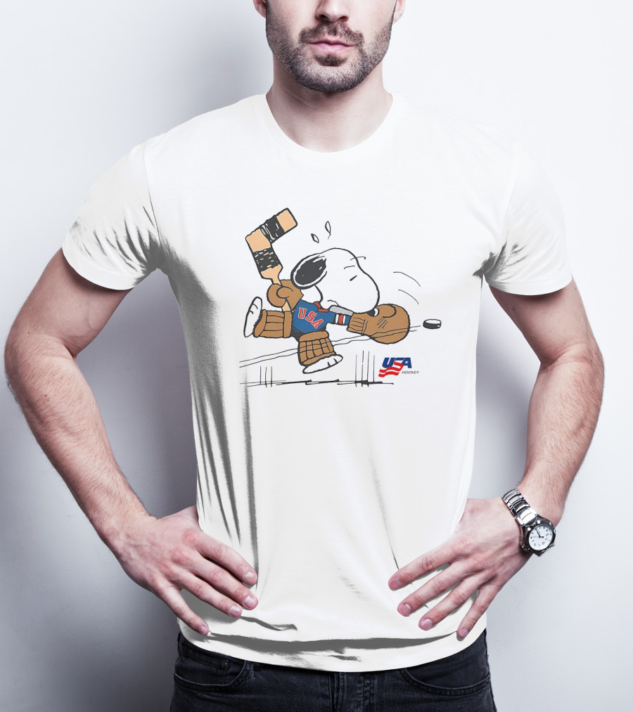 Peanuts Snoopy USA Hockey Goalie With Bat And USA Puck T-Shirt