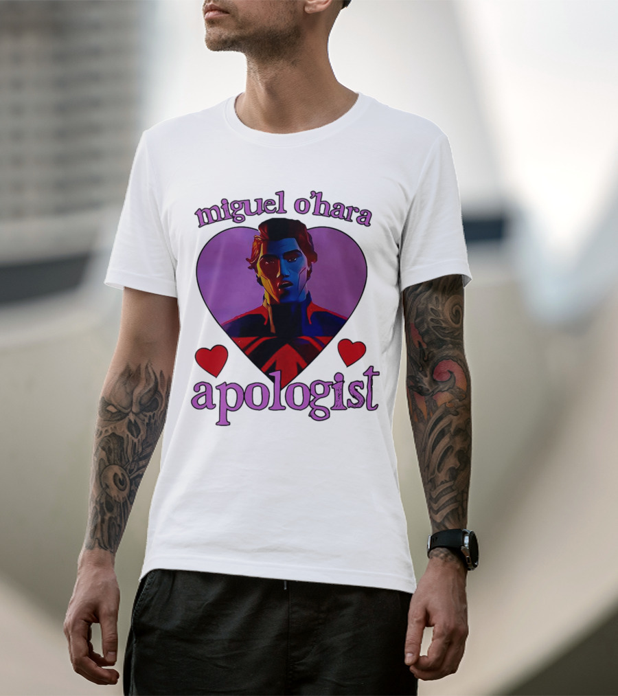 Miguel O’Hara Apologist Love Heart With Heroic Figure In Purple And Red Hearts T-Shirt