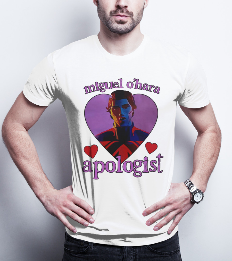Miguel O’Hara Apologist Love Heart With Heroic Figure In Purple And Red Hearts T-Shirt