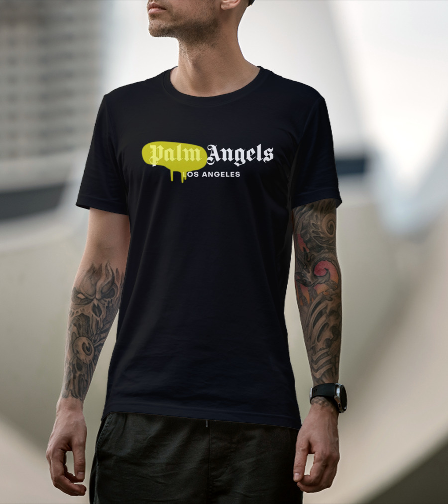 Palm Angels Los Angeles Yellow Paint Drip Text T-Shirt