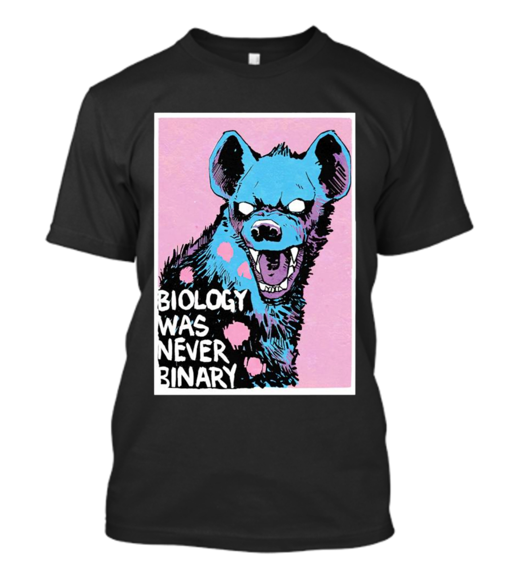Biology Was Never Binary Blue Hyena Pink Background T-Shirt