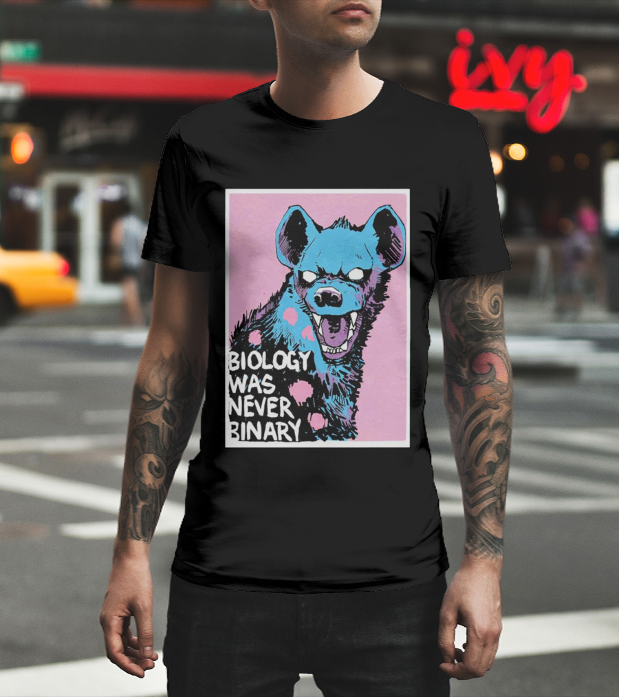 Biology Was Never Binary Blue Hyena Pink Background T-Shirt