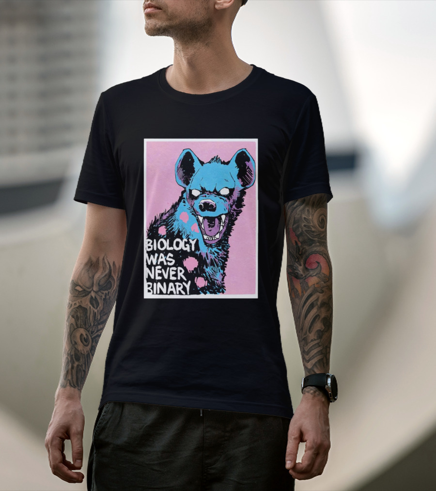 Biology Was Never Binary Blue Hyena Pink Background T-Shirt