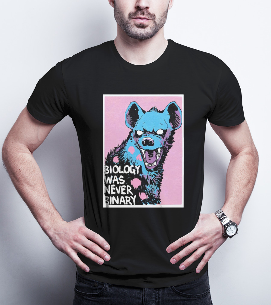 Biology Was Never Binary Blue Hyena Pink Background T-Shirt
