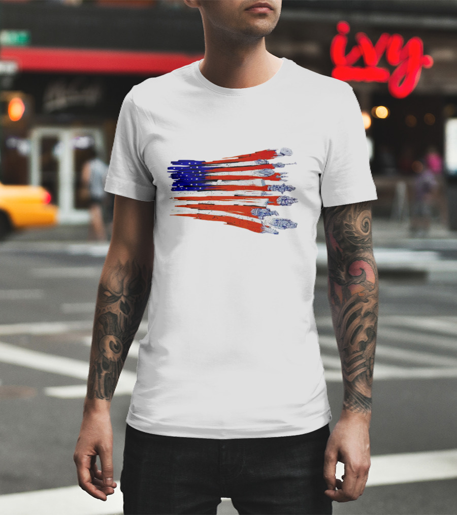 Spaceship American Flag Star Wars Starships Millennium Falcon X-Wing NASA Apollo Saturn V T-Shirt
