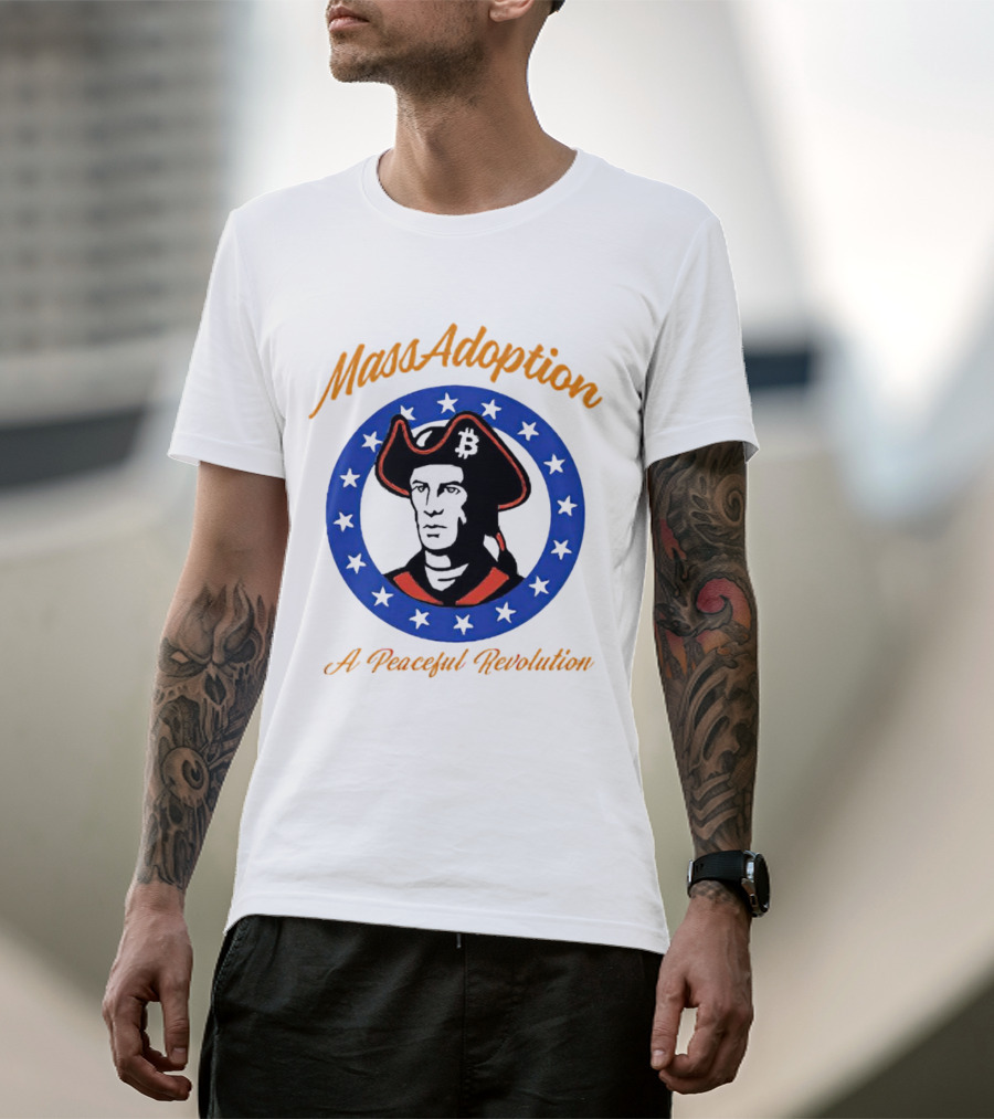 MassAdoption A Peaceful Revolution Bitcoin Colonial Figure In Blue Star Circle T-Shirt