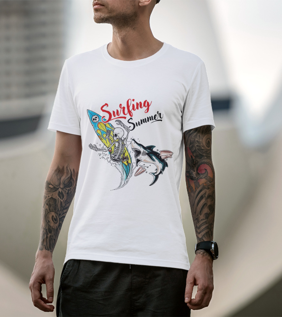 Surfing Summer Skeleton Battling Shark Adventure T-Shirt